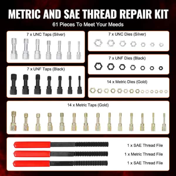 VEVOR 61-Piece Thread Chaser Set, UNC UNF and Metric Thread Restorer ...