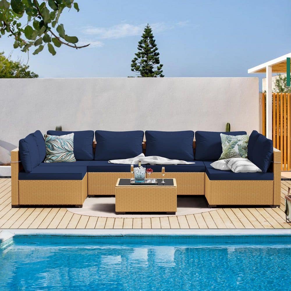 PATIO WATCHER 7-Piece Beige Wicker Patio Conversation Set with Navy ...