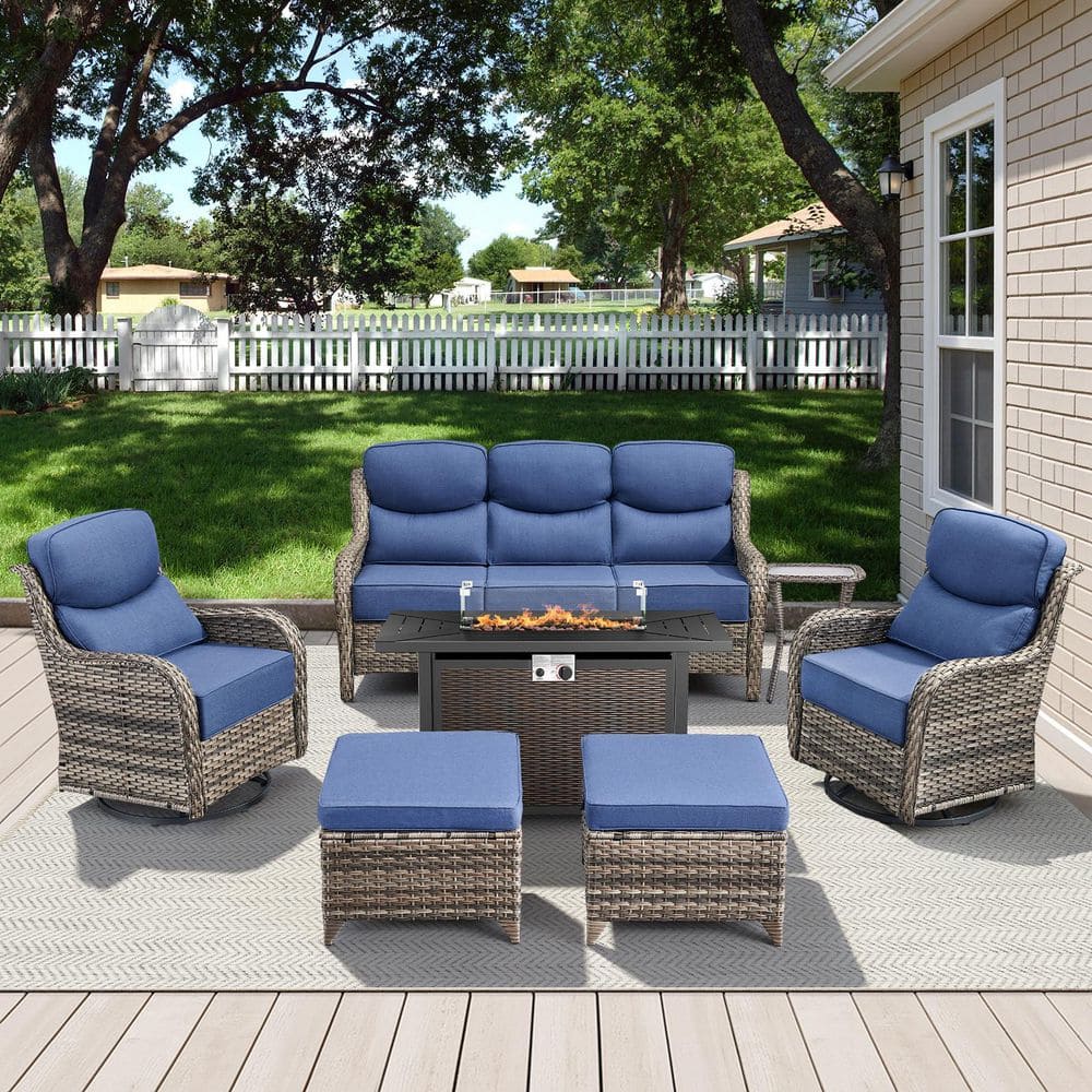 Opohoro Arcadia Gray 7-Piece Wicker Outdoor Patio Fire Pit Deep Seating ...