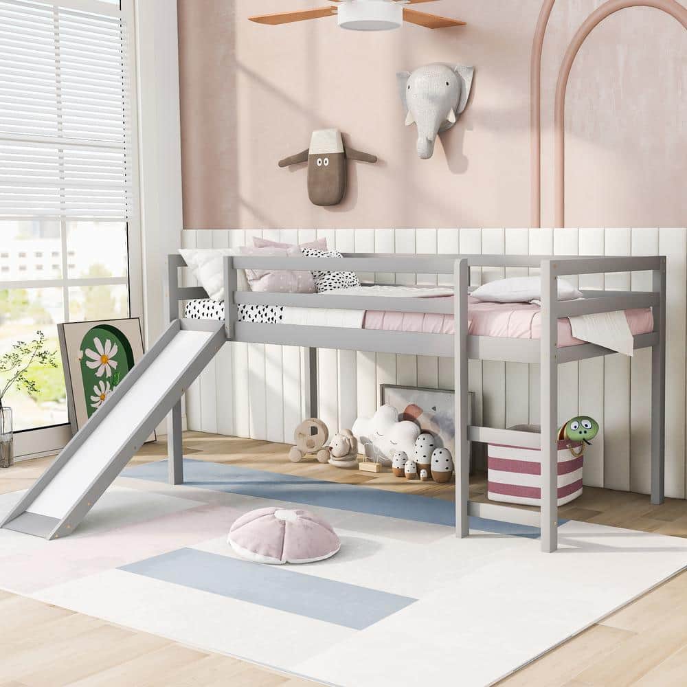 Harper & Bright Designs Gray Twin Size Wood Loft Bed with Slide and ...