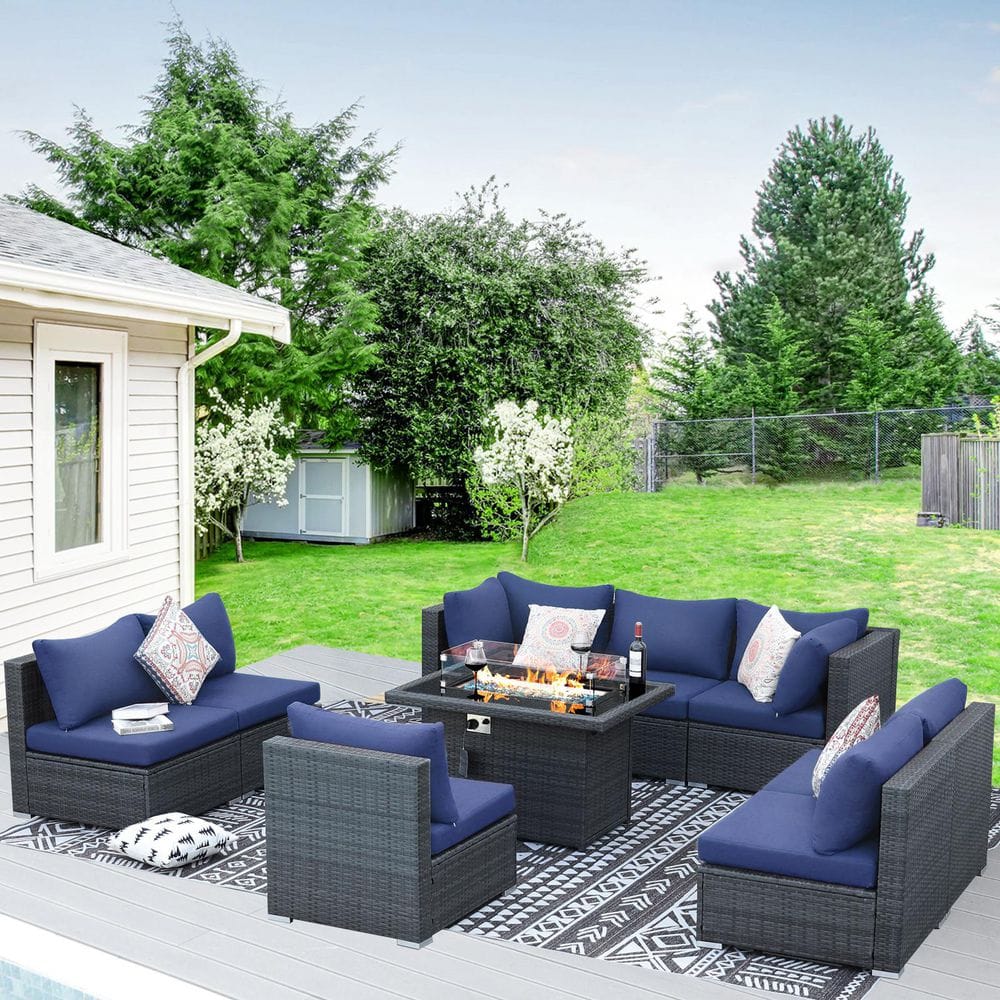 9 Pieces Gray Wicker Outdoor Sectionals Patio Fire Pit Set Conversation ...