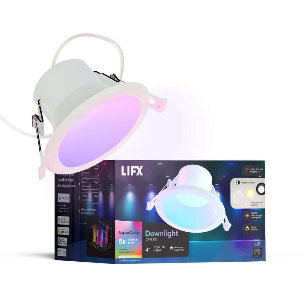 LIFX 4 in. SuperColor Adjustable Smart Canless Deep Baffle Recessed Light Trim Kit Downlight ...