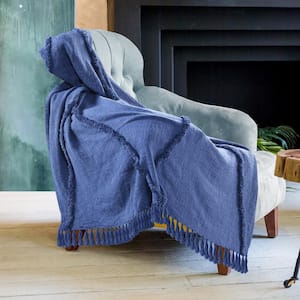 Distressed Navy Blue / Ivory 50 in. x 60 in. Woven Boho Chambray Fringe ...