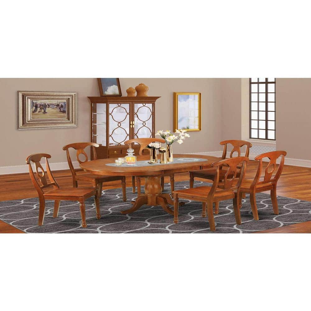 East West Furniture 7 Piece Oval Saddle Brown Finish Solid Wood Top Dining Table with 6 Chairs with Lattice Back PONA7 SBR W 440 HD The Home Depot