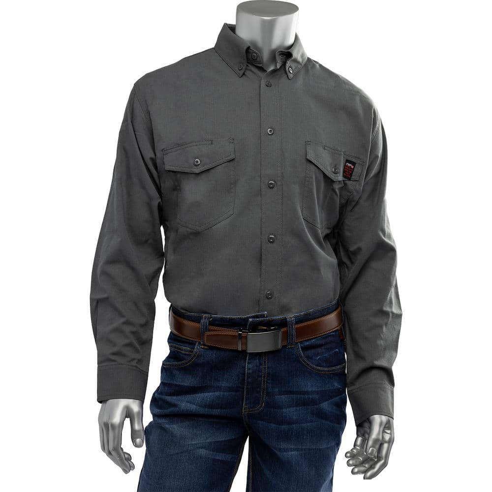 PIP Men's Large Gray AR/FR Dual Certified Ripstop Long Sleeve Work ...