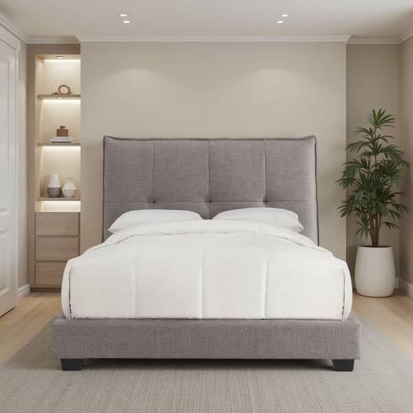 Benjara Amy Gray Wood Frame Full Size Panel Bed with Button Tufted ...