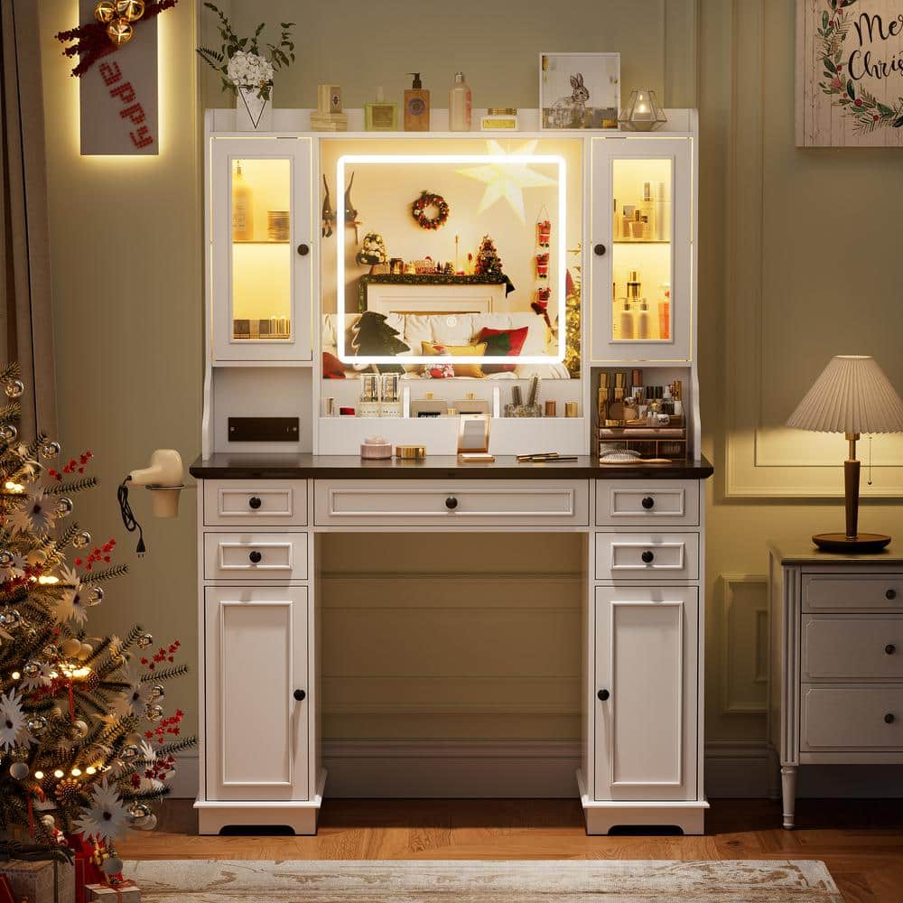 PAKASEPT White Vanity Desk with Mirror and Lights, Makeup Vanity with 5 ...