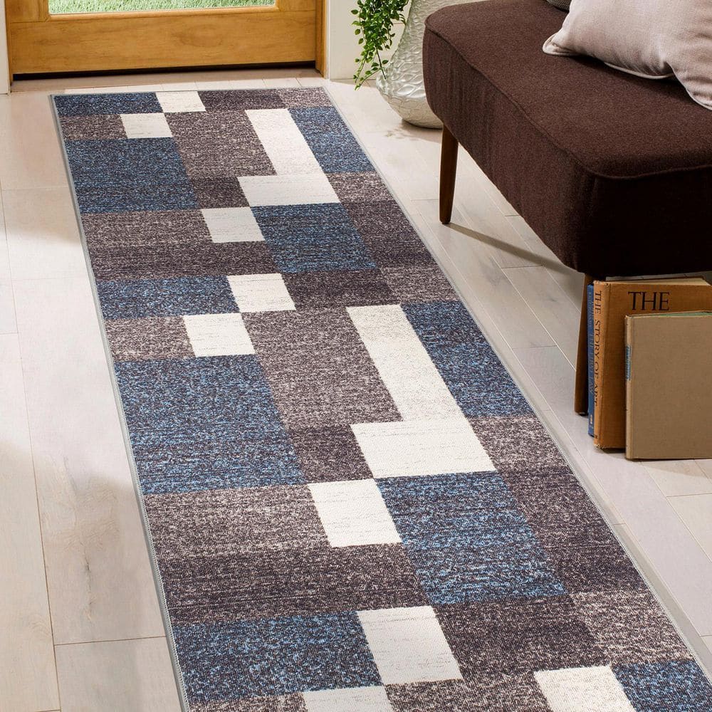 WRG Geometric Boxes Design Non-Slip (Non-Skid) Blue 2 ft. 7 in. x 6 ft ...