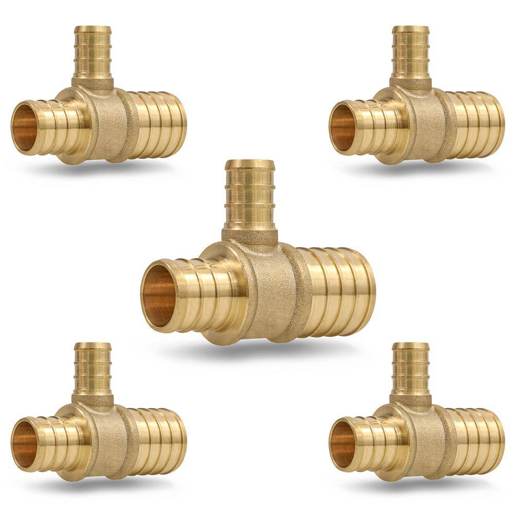PLUMBFLEX 1 in. x 3/4 in. x 1/2 in. Brass PEX Barb Reducing Tee Pipe Fittings (5-Pack) 10315PXRT ...