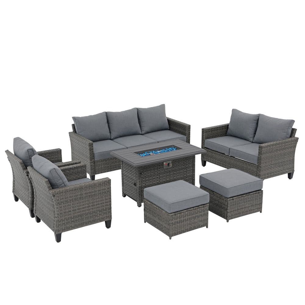 Freestyle 7-Piece Grey Wicker Outdoor Conversation Set with Fire Pit ...