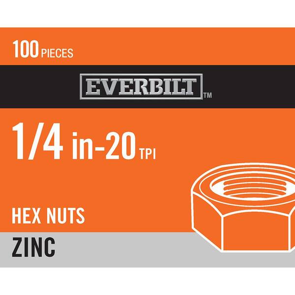 Everbilt 1/4 in.-20 Zinc Plated Hex Nut (100-Pack) 842822 - The Home Depot