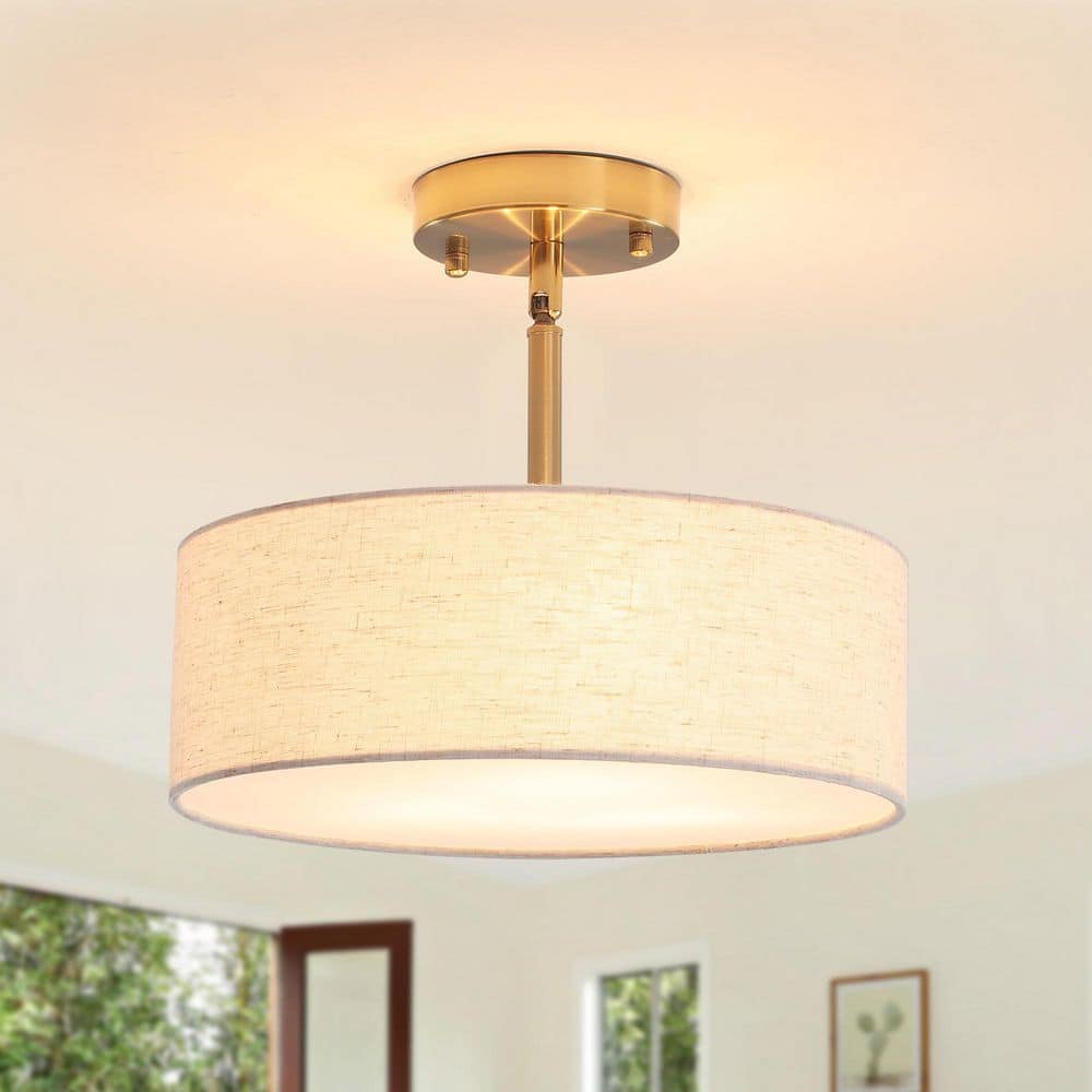 ETONIMERR 12.6 in. 3-Light Gold Farmhouse Drum Semi Flush Mount Ceiling ...