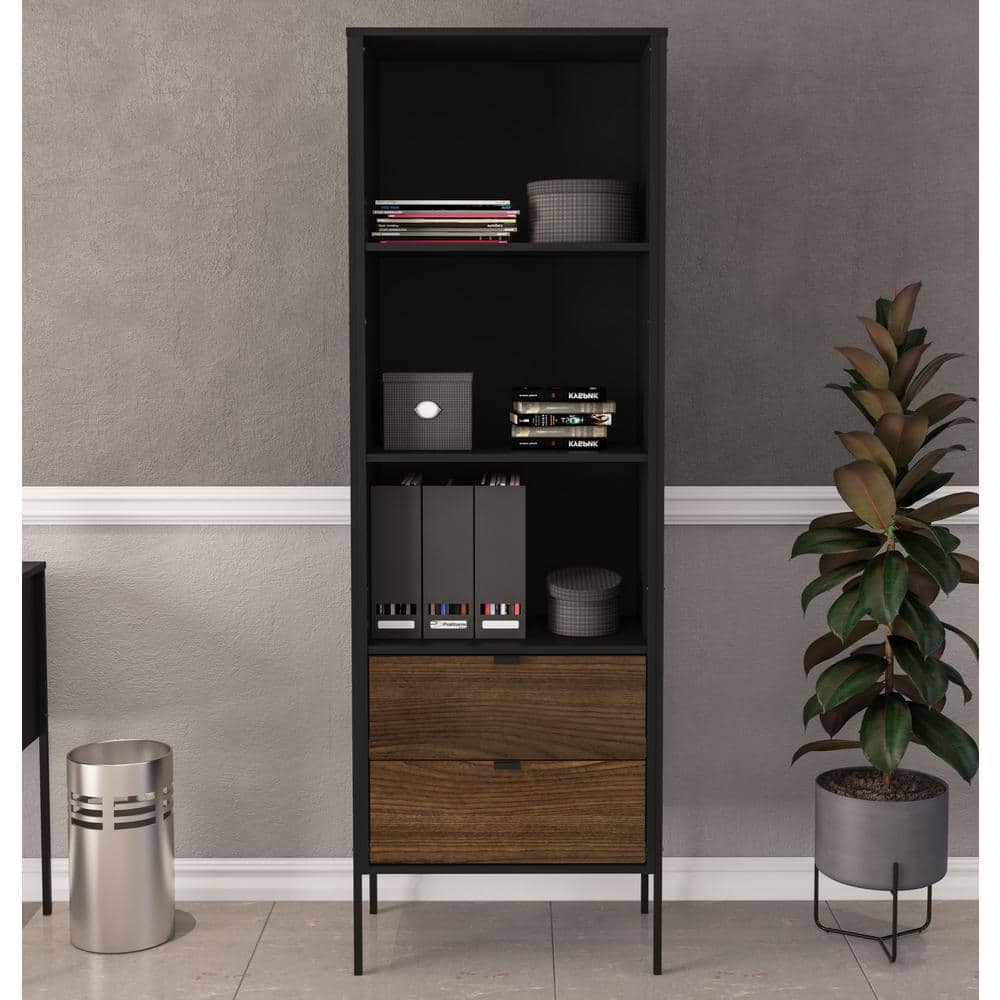 Mallorca 71 in. Tall Black and Walnut Wood 3-Shelf Bookcase with 2 ...