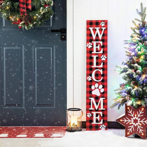Glitzhome 42 in. H Wooden Plaid Pet Welcome Porch Sign 2010100038 - The ... Glitzhome 42 in. H Wooden Plaid Pet Welcome Porch Sign 2010100038 - The ...