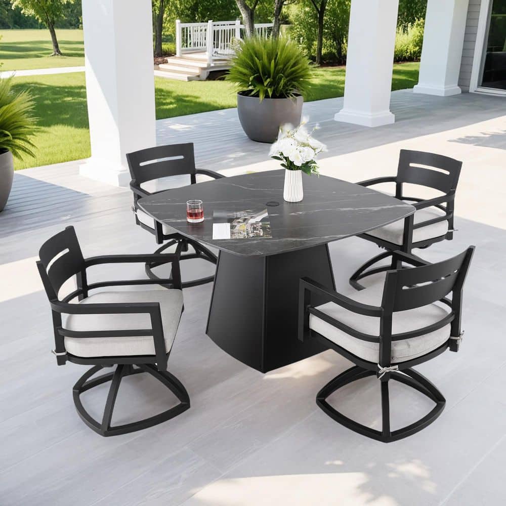 Black 5-Piece Aluminium, Sintered Stone Outdoor Dining Set with Washed ...