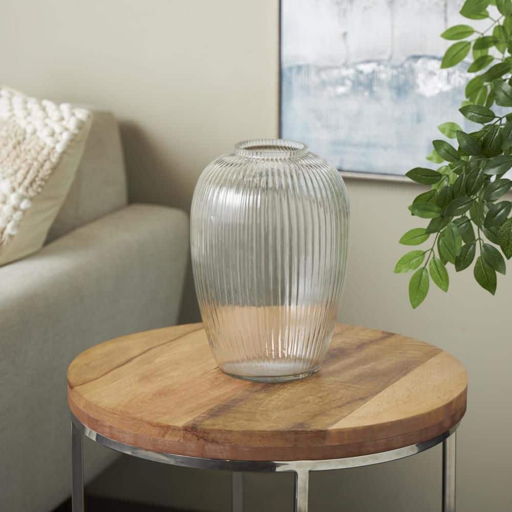 Litton Lane 12 in. Clear Ribbed Round Fluted Glass Decorative Vase ...