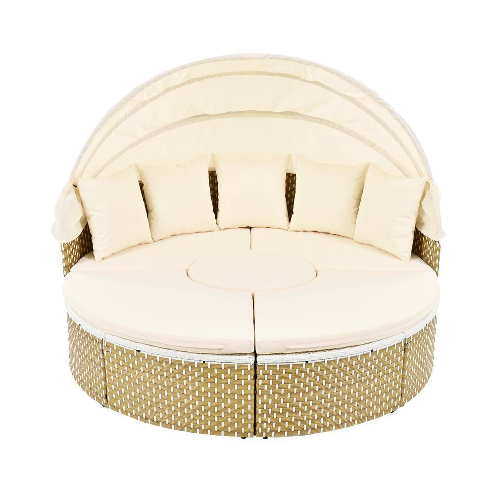 Sudzendf Natural Wicker Patio Outdoor Rattan Day Bed with Beige ...