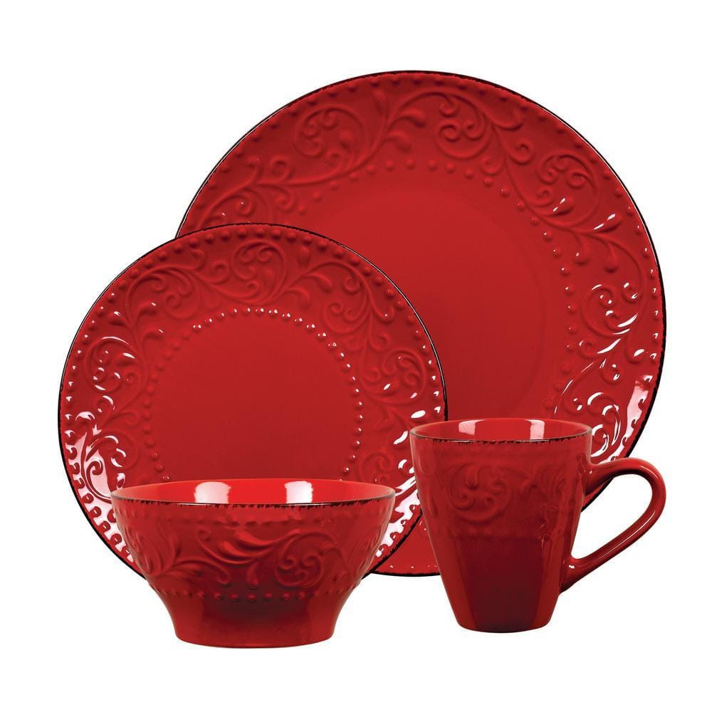 Lorren Home Trends 16-Piece Stoneware Scroll Dinnerware Set-Red LH526 ...