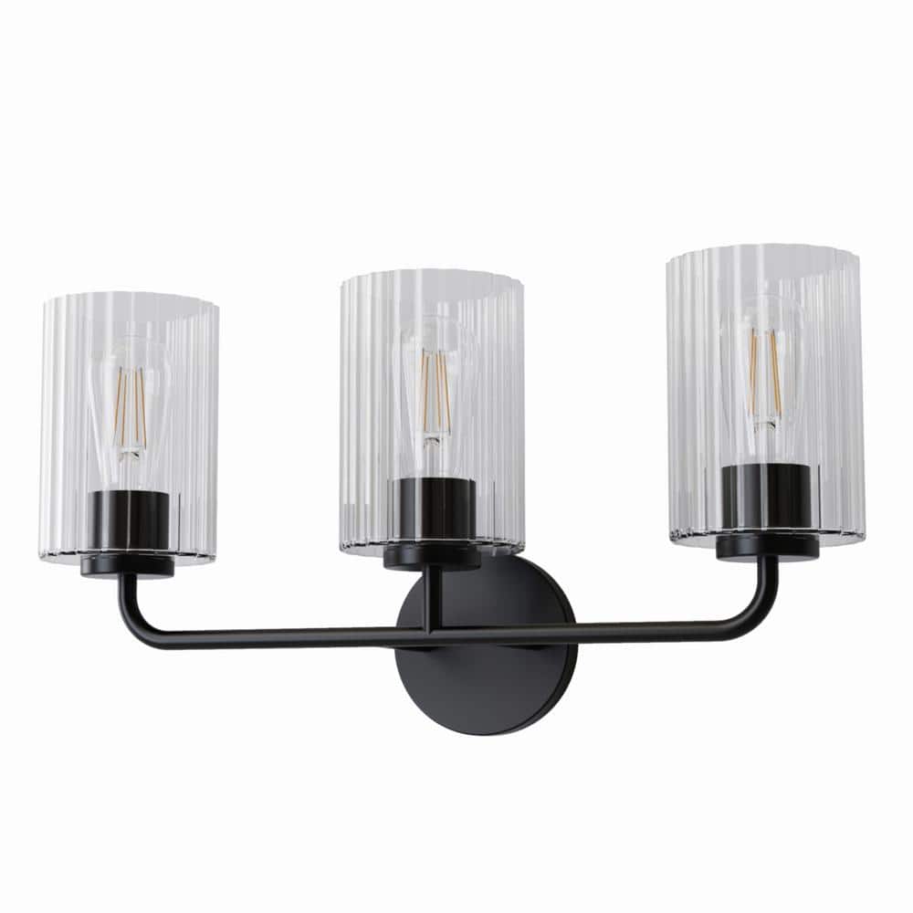 Briignite 21 in. 3-Light Matte Cylinder Black Vanity Light with Clear ...