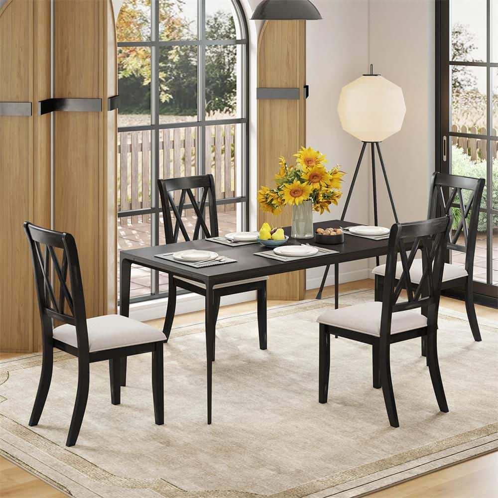 Costway Farmhouse Sandhrough Black Fabric Cushioned Dining Chair Modern ...