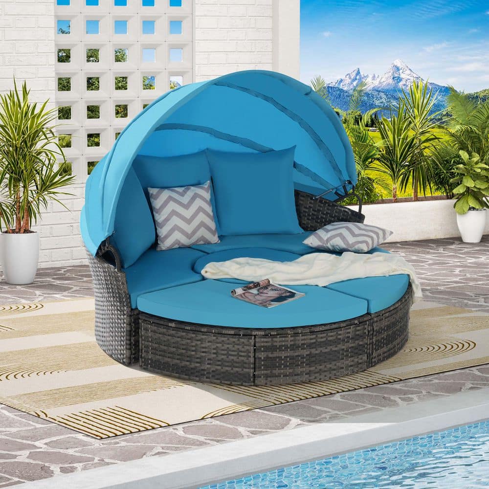 Zeus & Ruta 5-Piece Wicker Outdoor Round Day Bed with Retractable ...