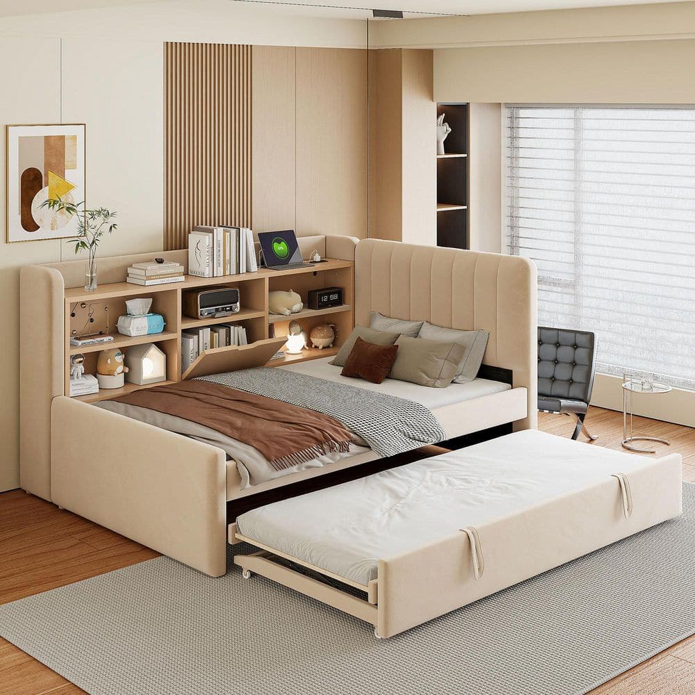 Qualler Beige Twin Upholstered Daybed with Trundle, Storage Shelves and ...