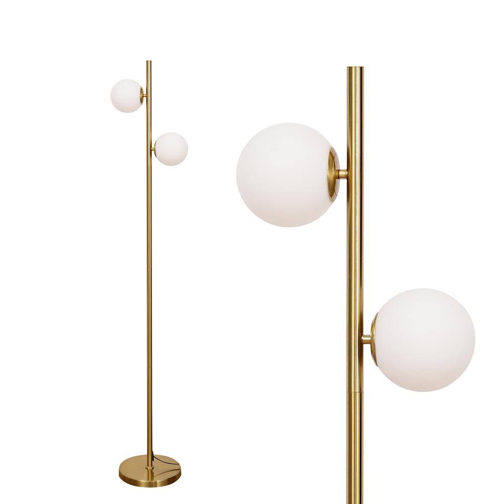 YANSUN 65 in. 2-Light Gold LED Floor Lamp with Frosted Globe Shades H ...