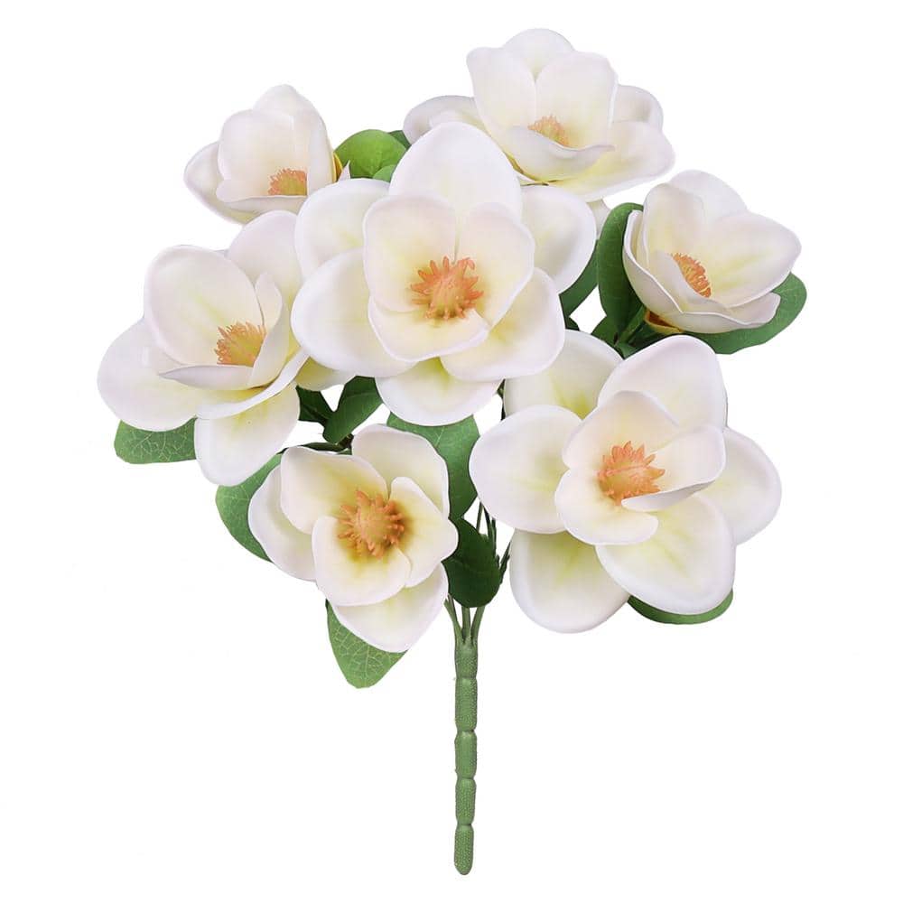 LIVING LUXURY 16 in. Cream White Artificial Magnolia Flower Stem Bush ...