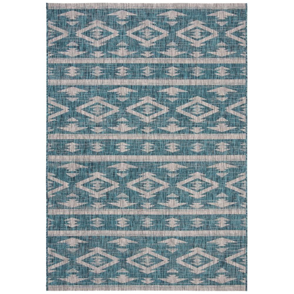 SAFAVIEH Courtyard Teal/Gray 9 ft. x 12 ft. Geometric Indoor/Outdoor ...