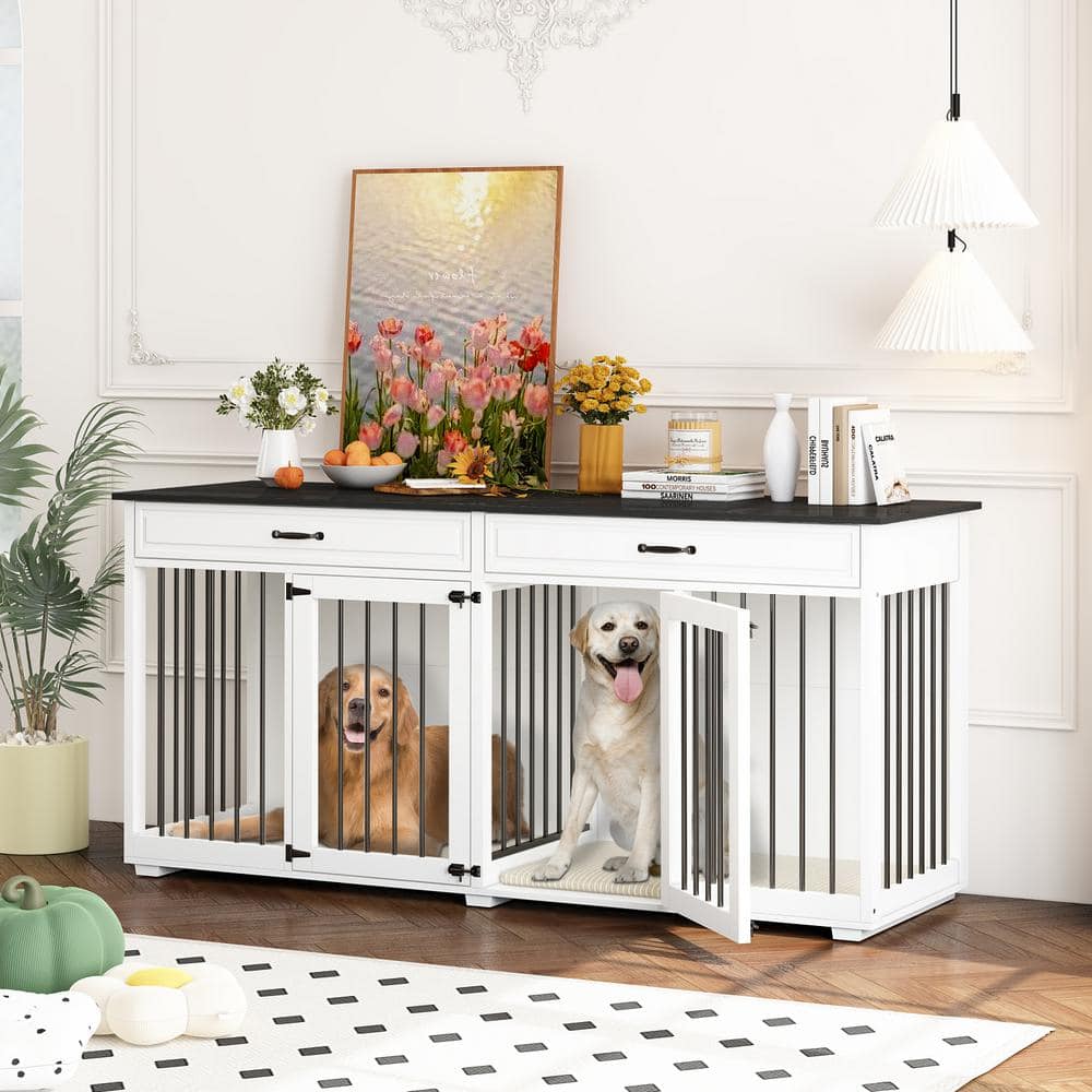 FUFU&GAGA Indoor Furniture Style Dog Crate, Large Wooden Dog House with Drawers and Divider, Dog ...