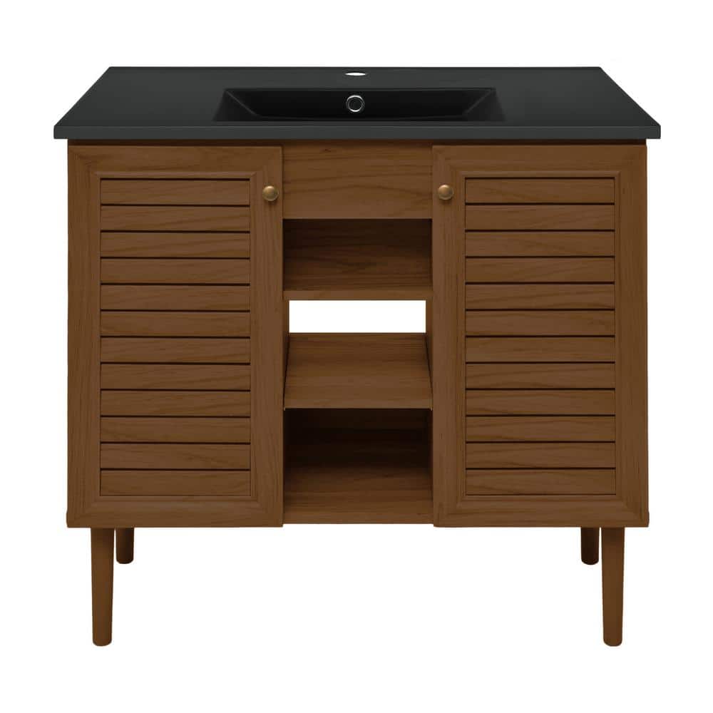 Swiss Madison Bron 36 in. Freestanding Bath Vanity in Brown Oak with Black Ceramic Sink Top SM ...