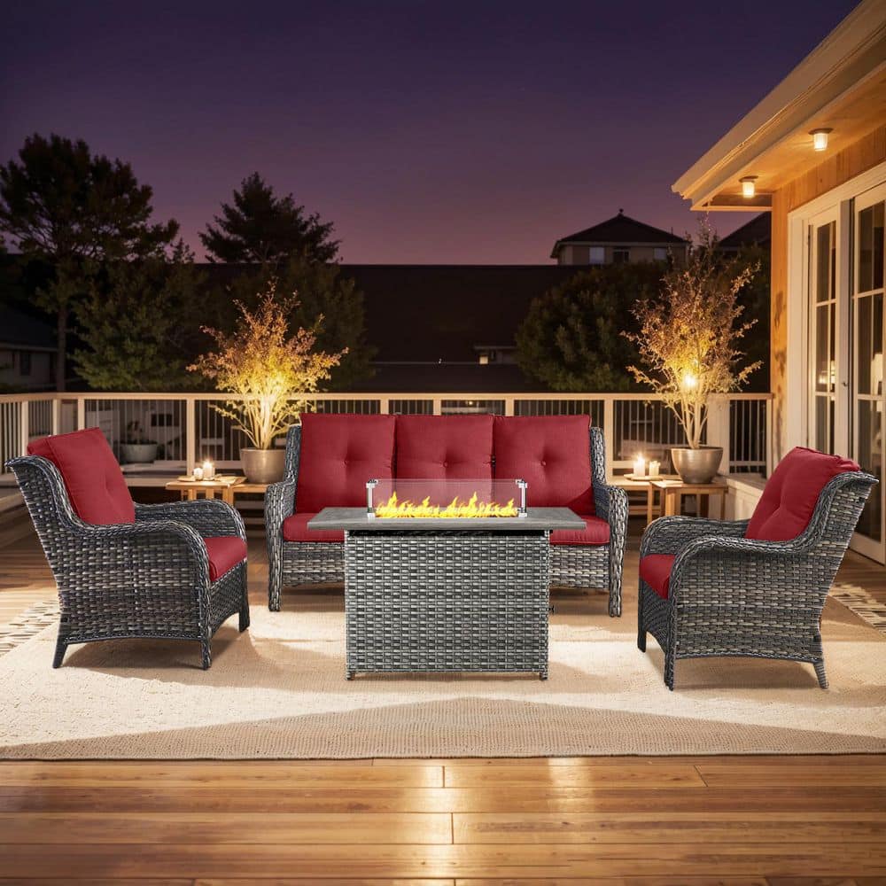 moosprr 4-Piece Gray Wicker Fire Pit Conversation Set with Olefin Red ...