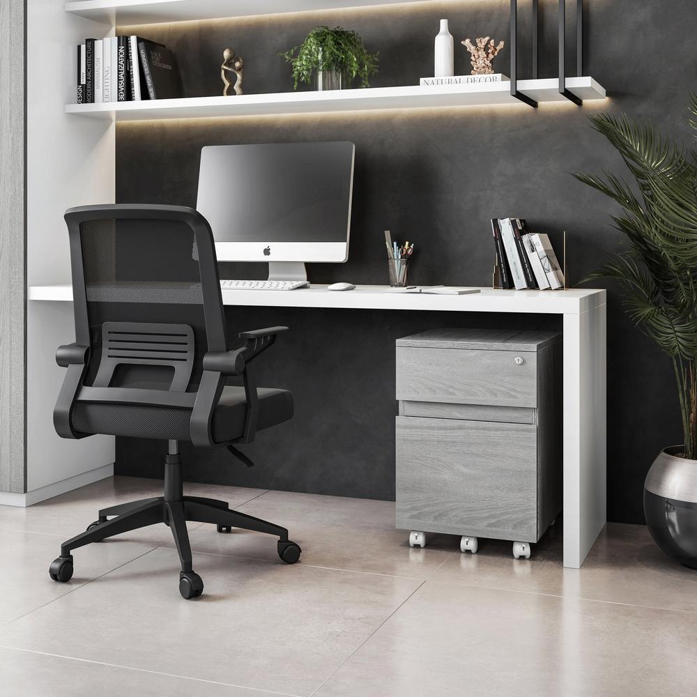 Grey desk with filing cabinet store