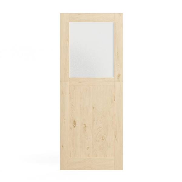 TENONER 24 in. x 80 in. Half Frosted Glass Solid Core Natural Pine Wood ...