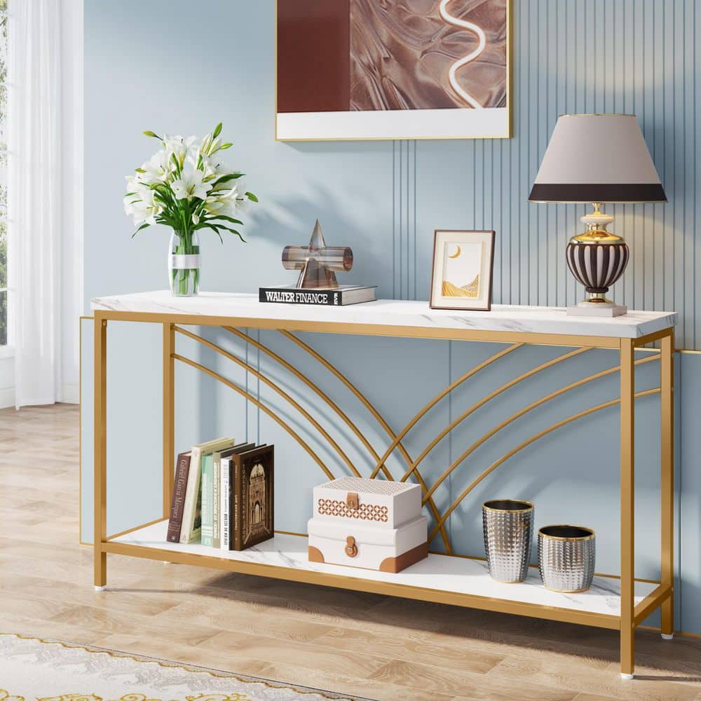 BYBLIGHT Turrella 71 in. Gold Rectangle Engineered Wood Console Table ...