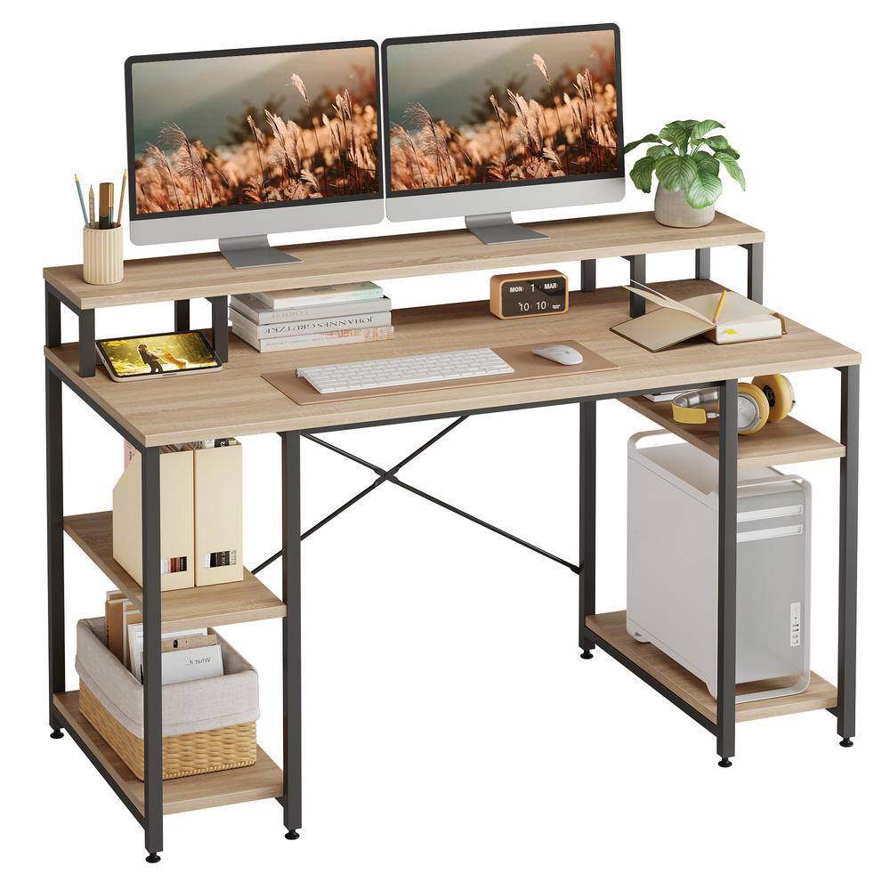 Bestier 55.12 in. Light Oak Computer Desk with Monitor Stand D074G-OAK ...