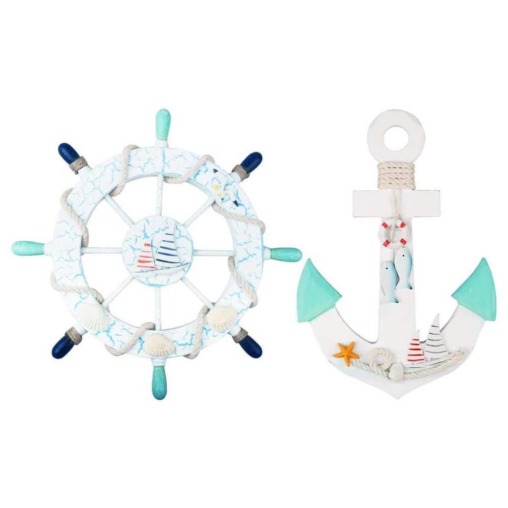 2-Piece 11 in. x 11 in. White and Light Blue Nautical Wooden Ship Wheel ...