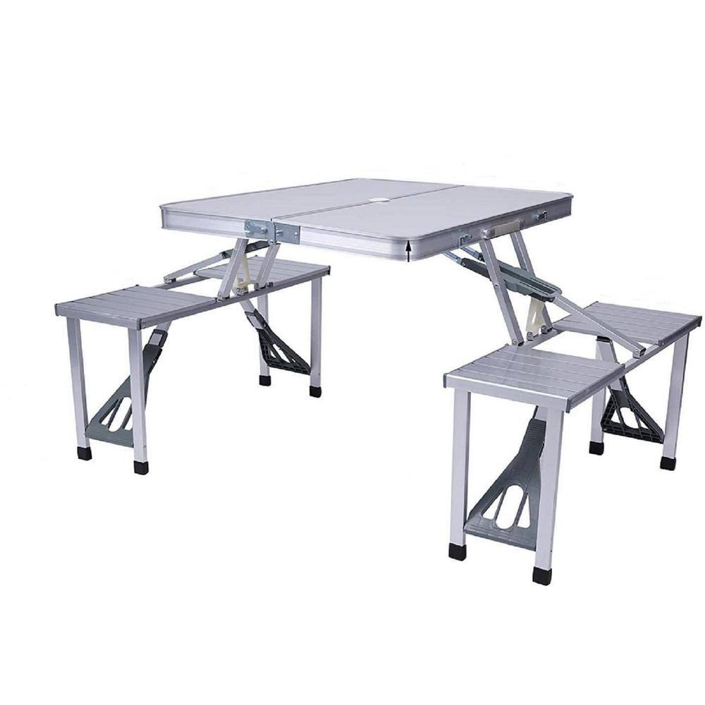 Cesicia Silver Metal 33.5 in. W Folding Camping Table Chair Set Picnic ...