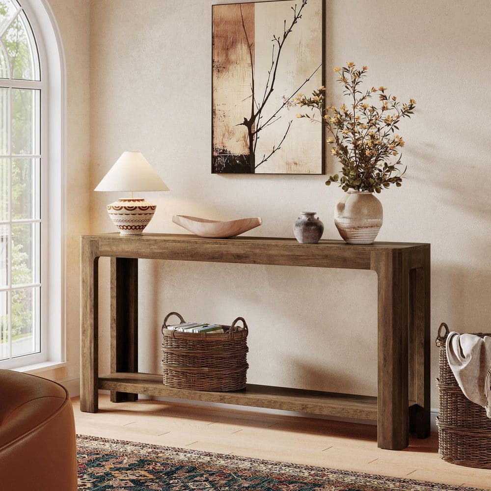 BYBLIGHT Turrella 63 in. Rustic Brown Rectangle Wood Console Table with ...