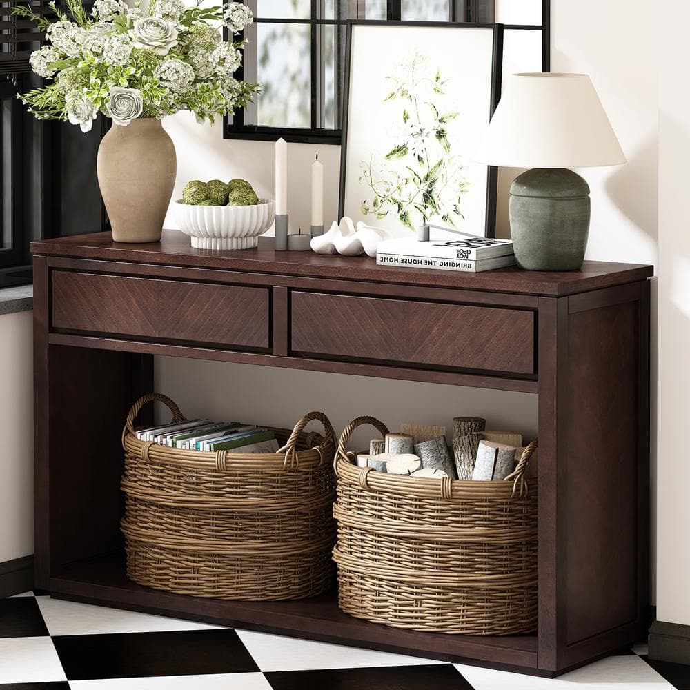 Harper & Bright Designs 55 in. Espresso Rectangle Birch Wood Console ...