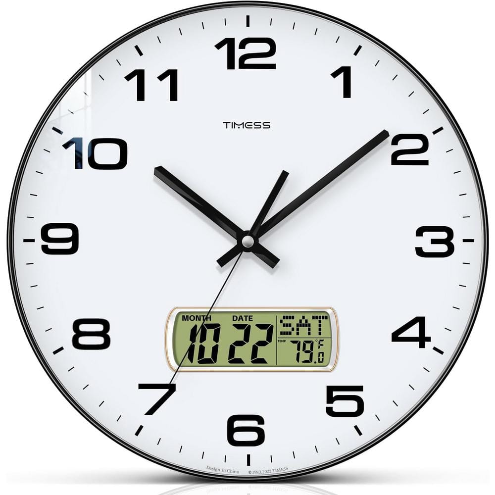 Afoxsos 13 in. Black Analog Non-Ticking Battery Operated with LCD ...