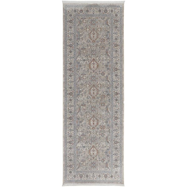 HomeRoots 2 ft. x 12 ft. Silver, Taupe, Blue Oriental Runner Rug ...