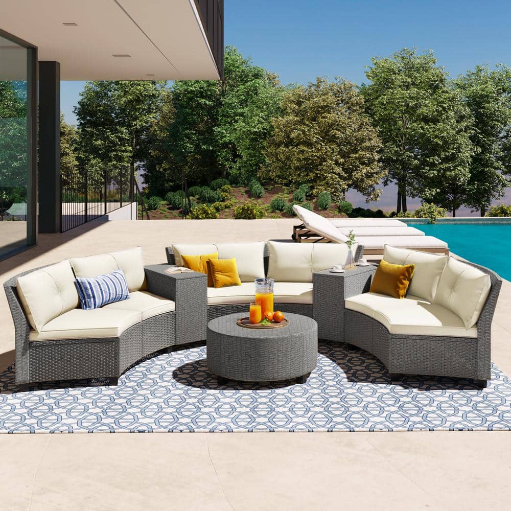 Xzkai 6-Piece Wood Patio Conversation Set with Beige Cushions, Fan ...