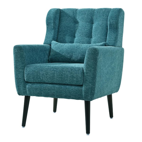 Teal Chenille Fabric Upholstered Armchair with Waist Pillow Wood Legs with Pads