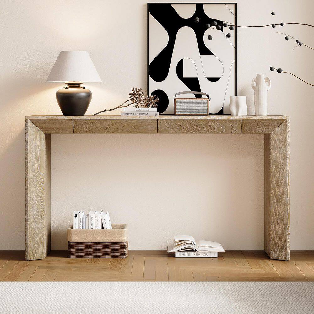 Qualler Farmhouse 60 in. Natural Brown Rectangle Wood Console Table ...