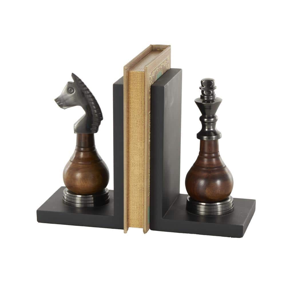 Litton Lane Black with Brown Aluminum Metal Novelty Chess Bookends with ...