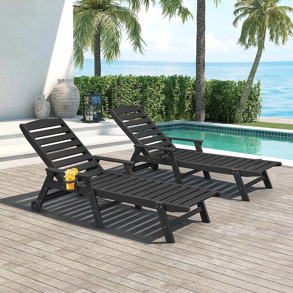 RUIZI Black 2-Piece Rust Resistant HDPE Plastic Outdoor Patio Reclining Chaise Lounge Chairs ...