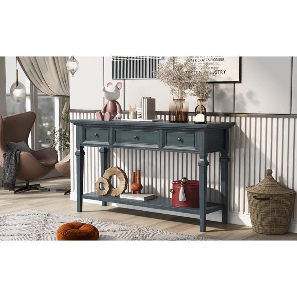 ANBAZAR Navy Blue 50 in. Rectangle Retro Console Table with 3-Drawers ...
