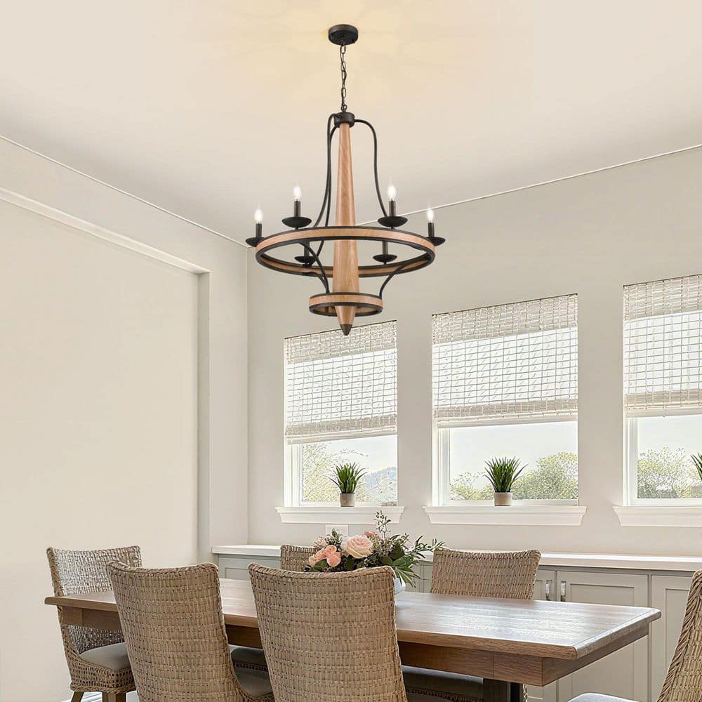 WDETR 6-Light Vintage Farmhouse Wood-Grain and Black and Brown Iron ...