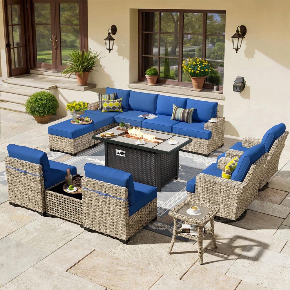 XIZZI Calma 13 Pieces Wicker Outdoor Patio Rectangular Fire Pit Set and ...
